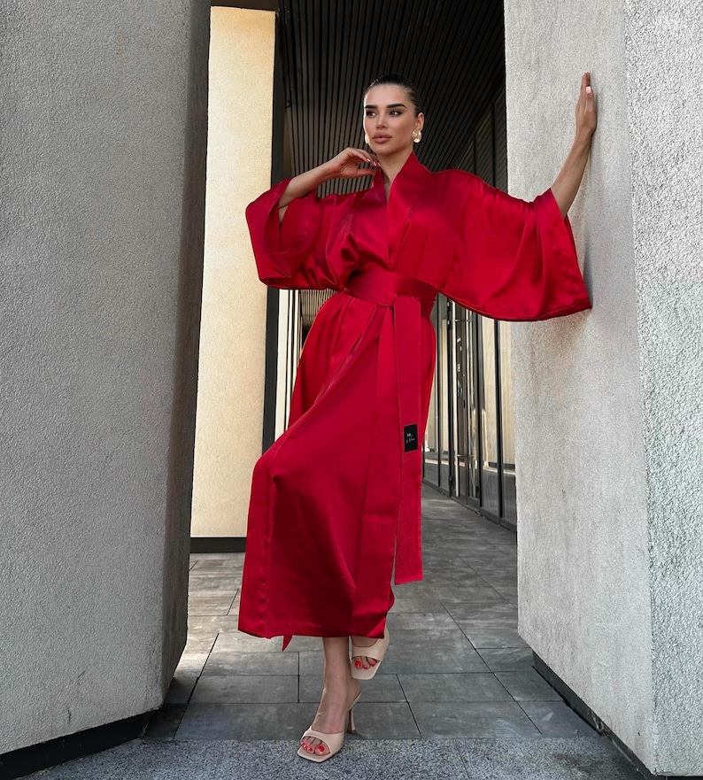 Red Satin Kimono Dress, Maxi Kimono Robe, Valentines Gift for Wife ...