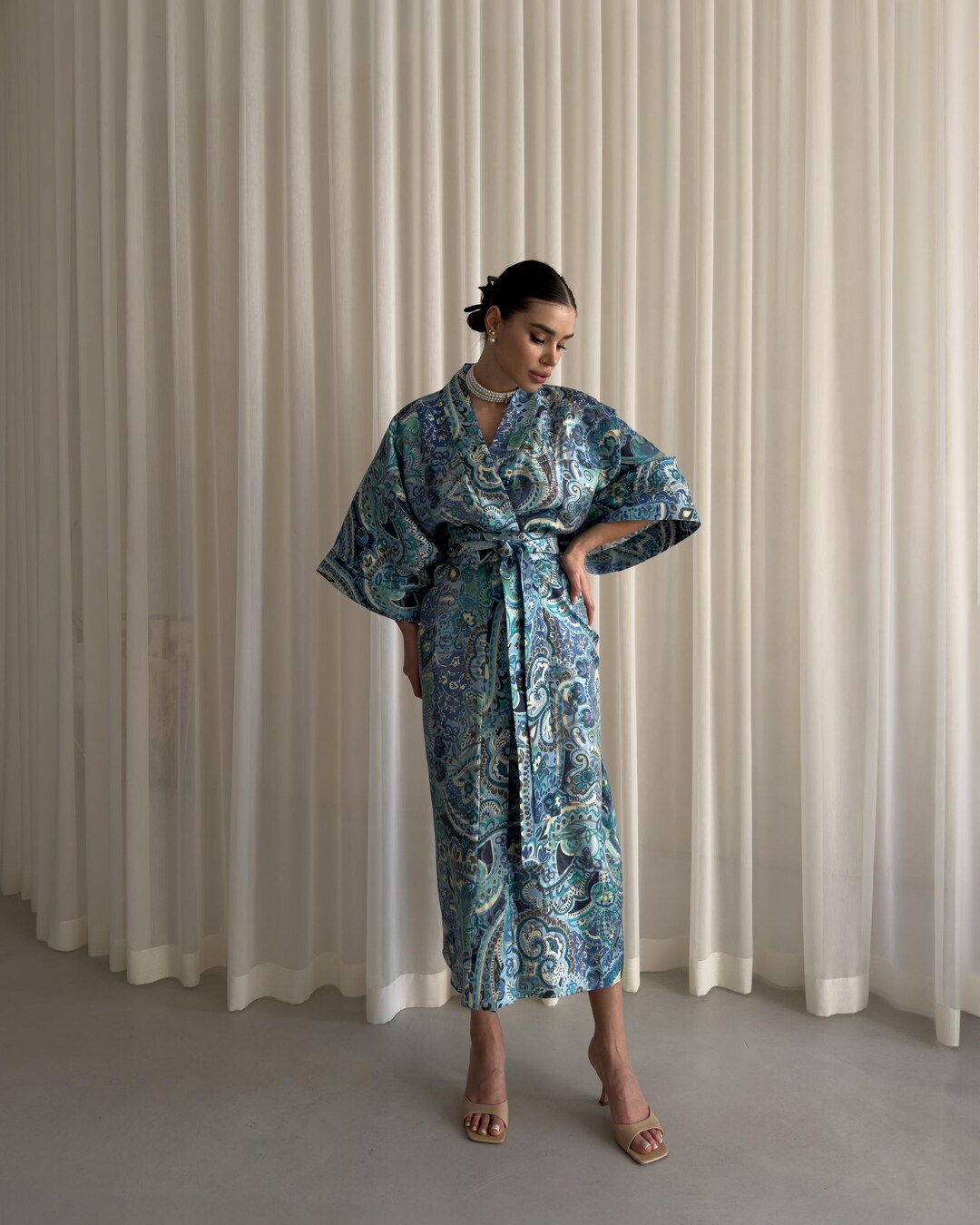 Blue Paisley Lightweight Robe, Premium Silk Kimono Robe, Plus Size ...