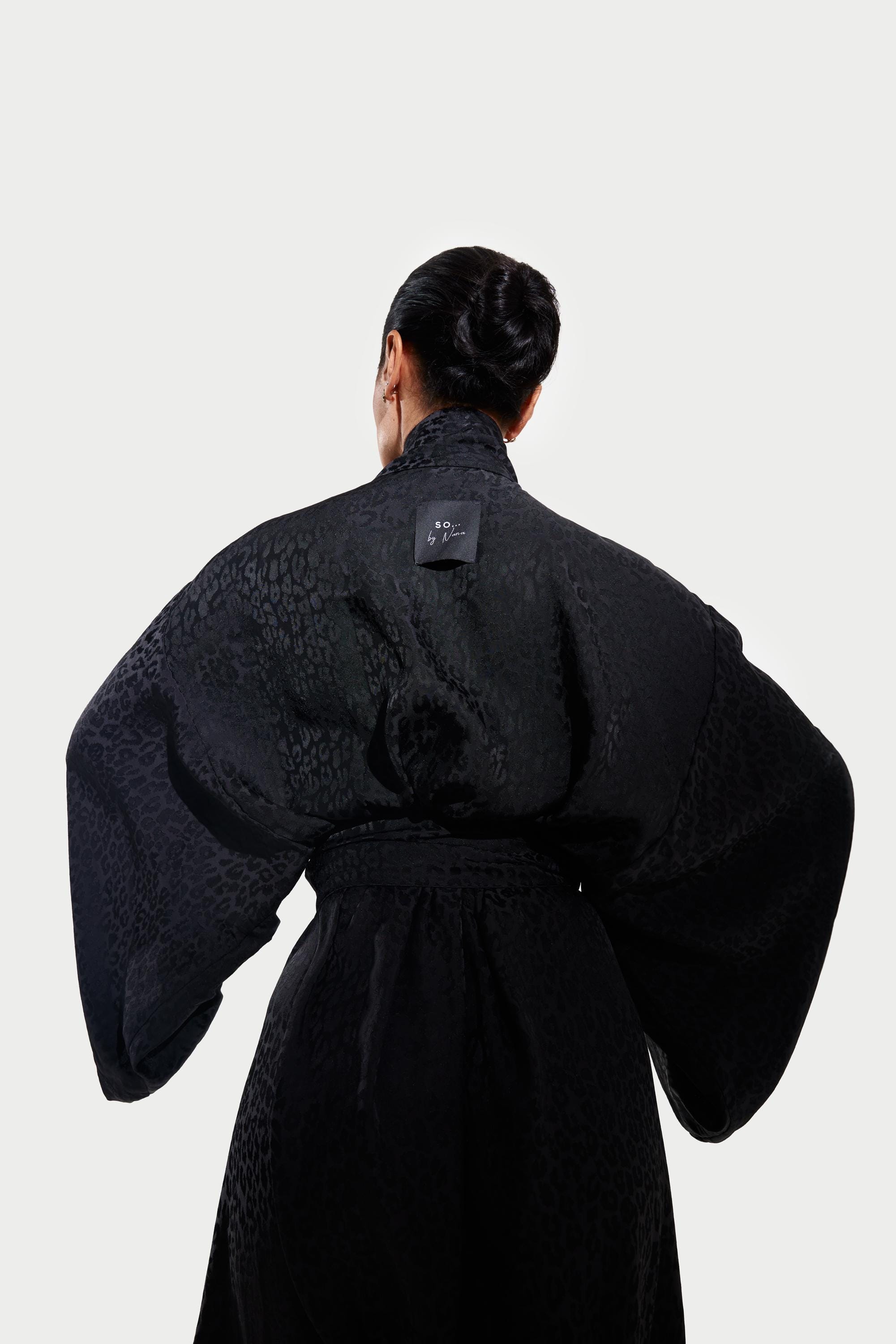 Long Satin Robe, Black Jacquard Kimono, Elegant Dressing Gown, Resort ...