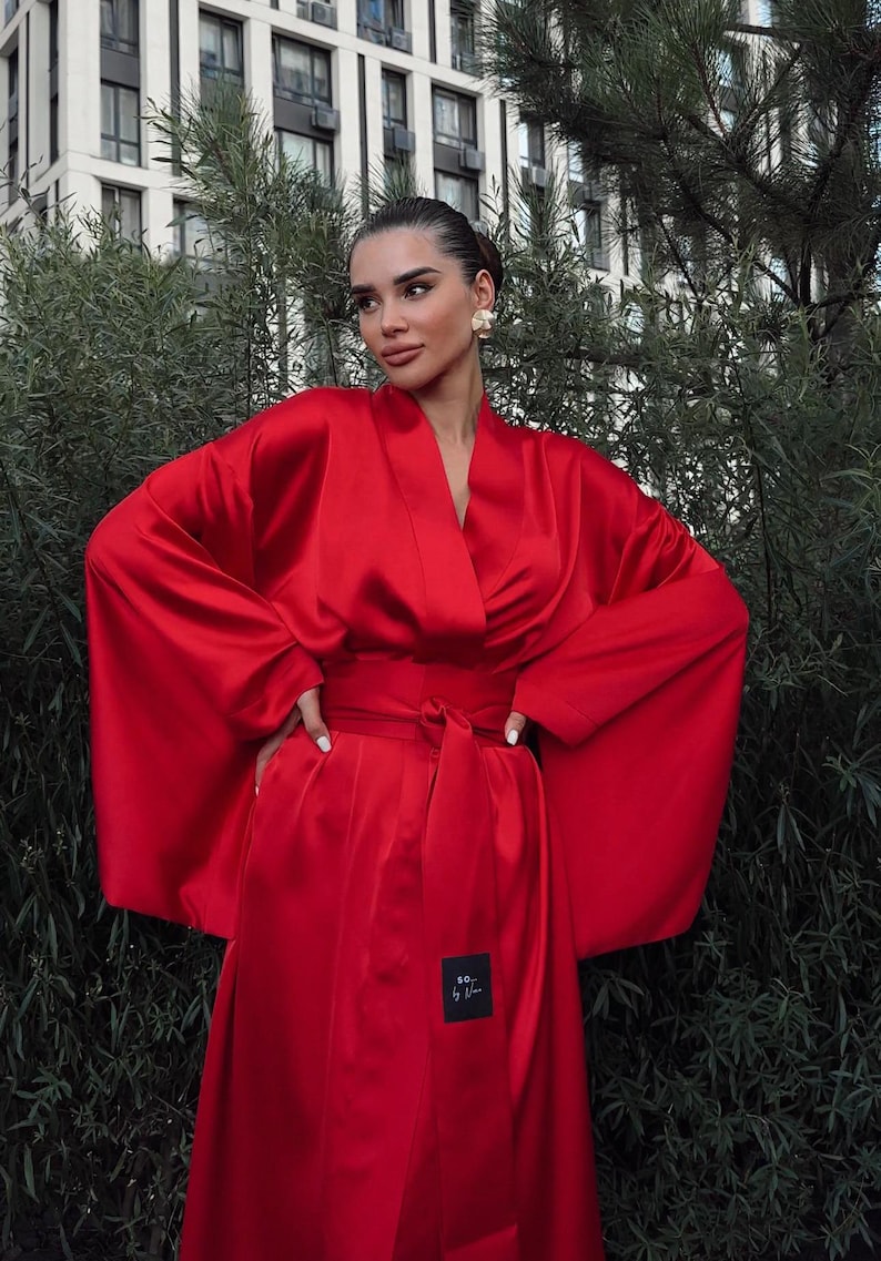 Red Satin Wrap Dress With Wide Sleeve, Elegant Evening Gown, Formal ...