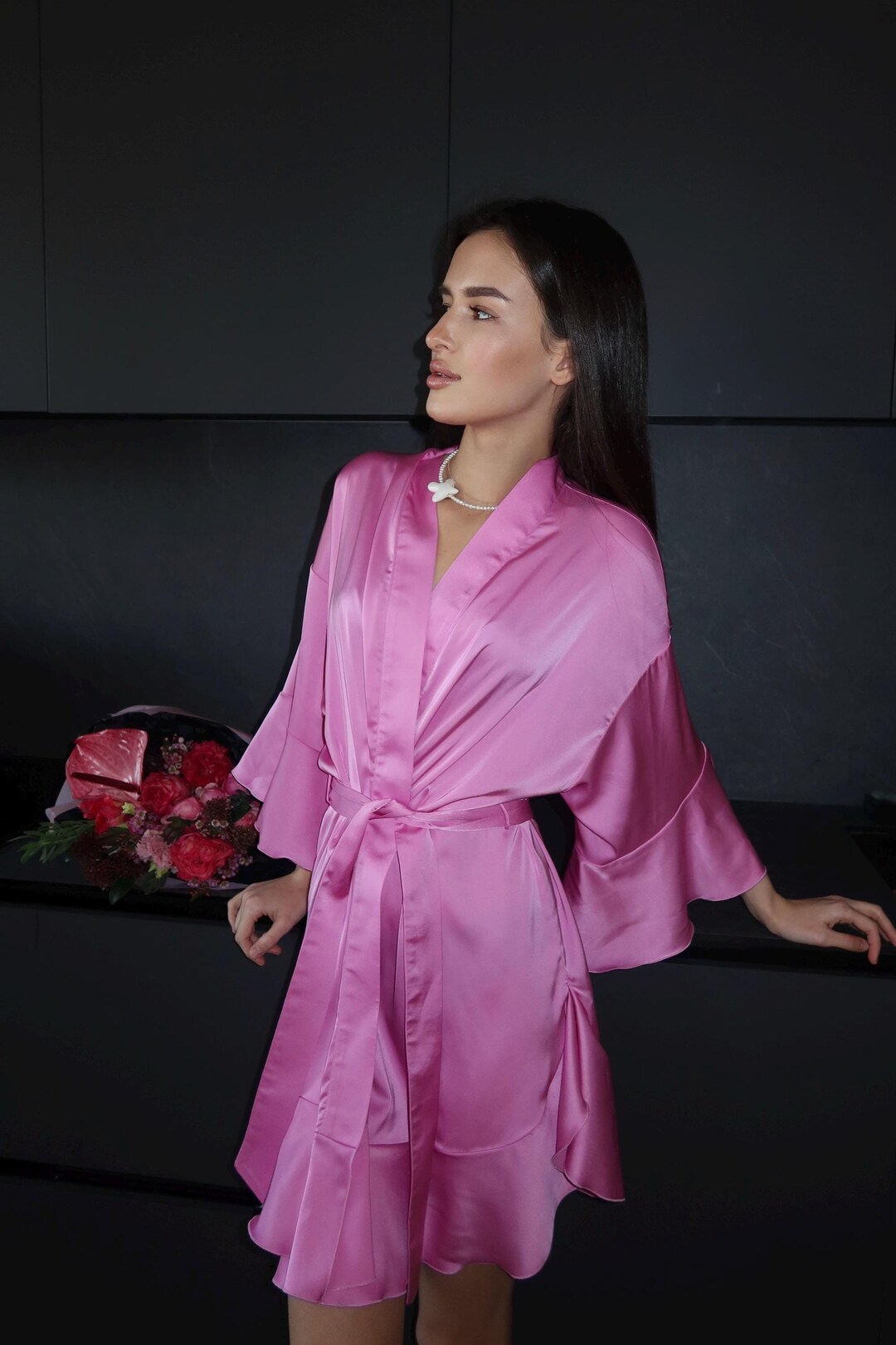 Pink Satin Robe, Ruffled Sleeve Dressing Gown, Lightweight Kimono ...