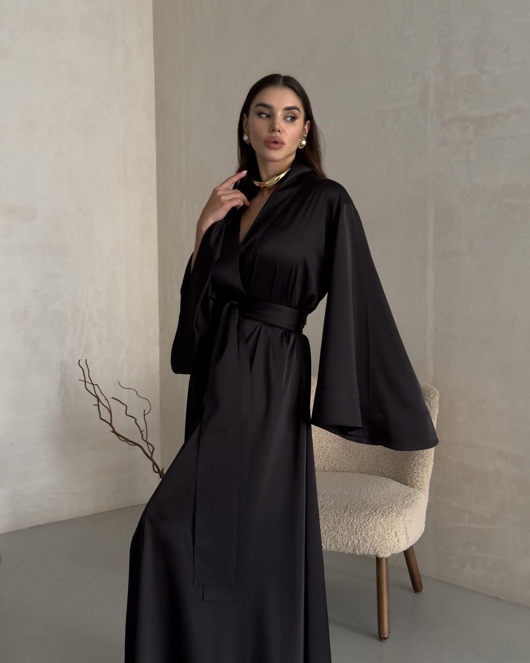 Floor-length Satin Robe With Kimono Sleeves, Lightweight Robe, Long ...