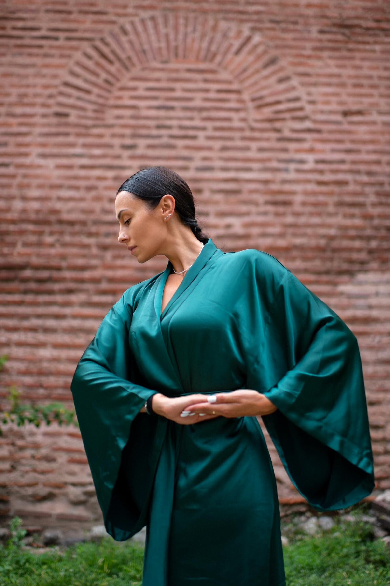 Dark Green Kimono Dress, Long Kimono Robe, Silk Wrap Dress, Gift for ...