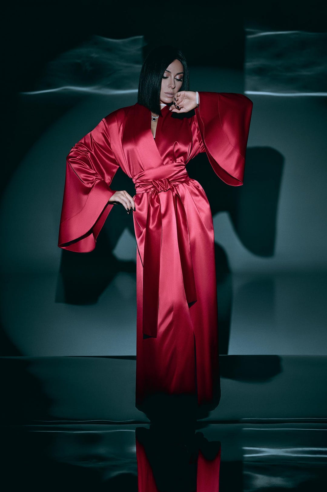 Satin Silk Kimono Robe, Long Red Robe With Wide Sleeves, Silk Wrap ...