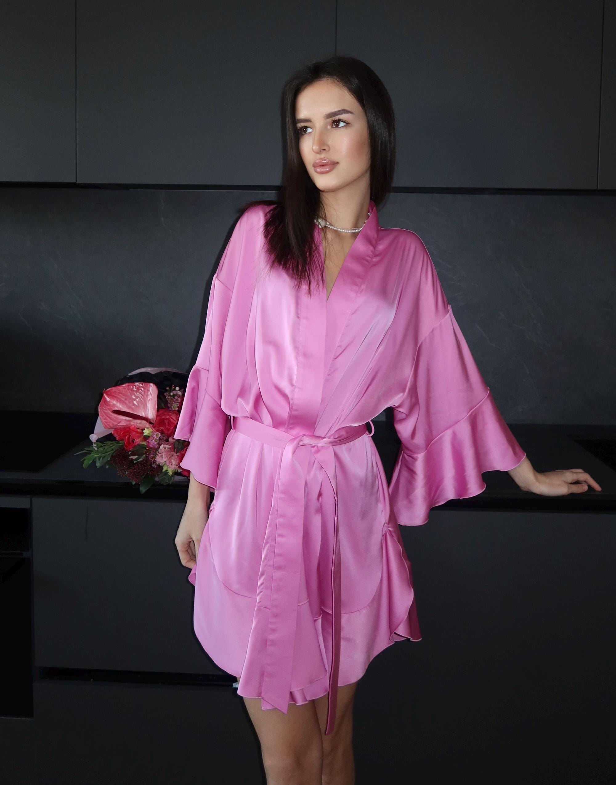 Silk Flowy Robe, Short Kimono Style Robe With Ruffles, Summer ...