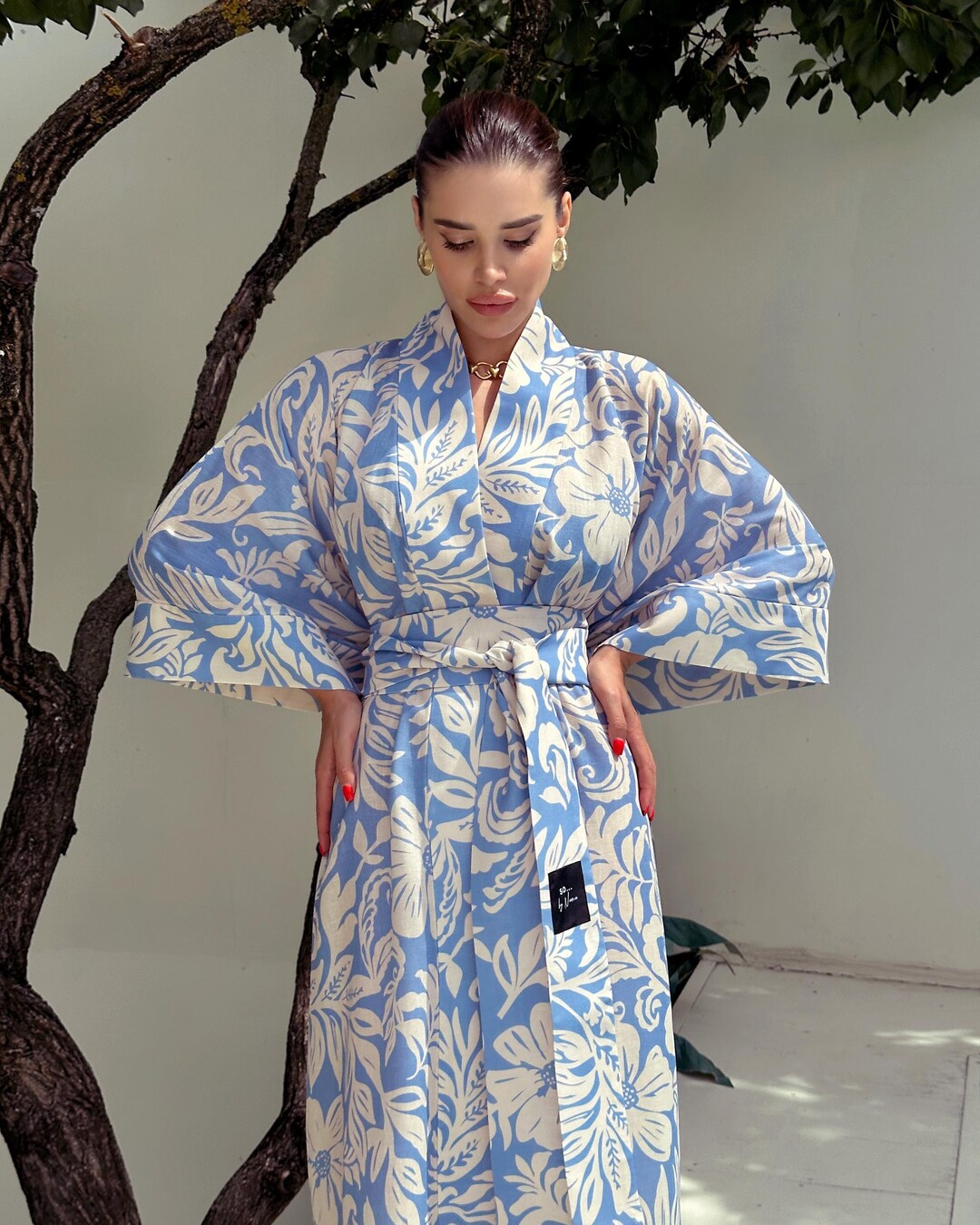Long Linen Robe With Flower Print, Blue Linen Kimono Dress, Linen ...