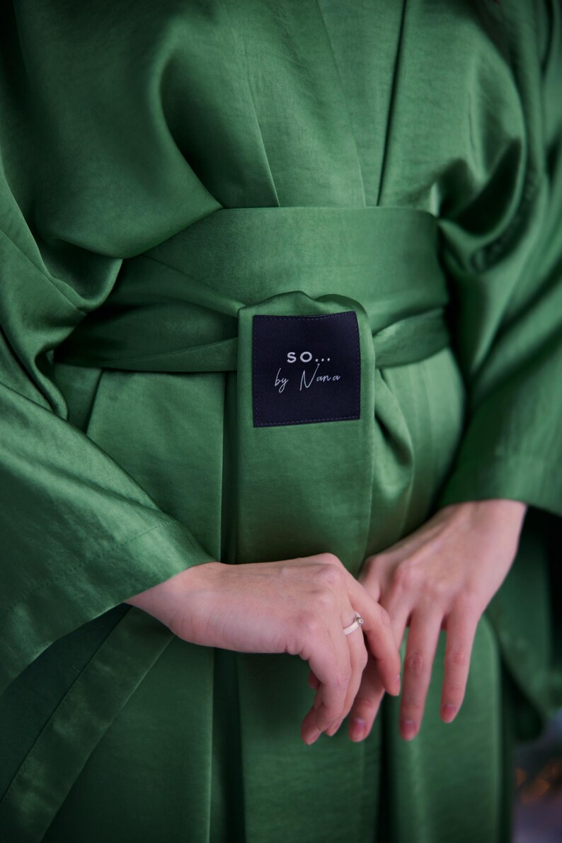 Long Satin Kimono Robe With Belt, Jade Green Dressing Gown, Satin ...