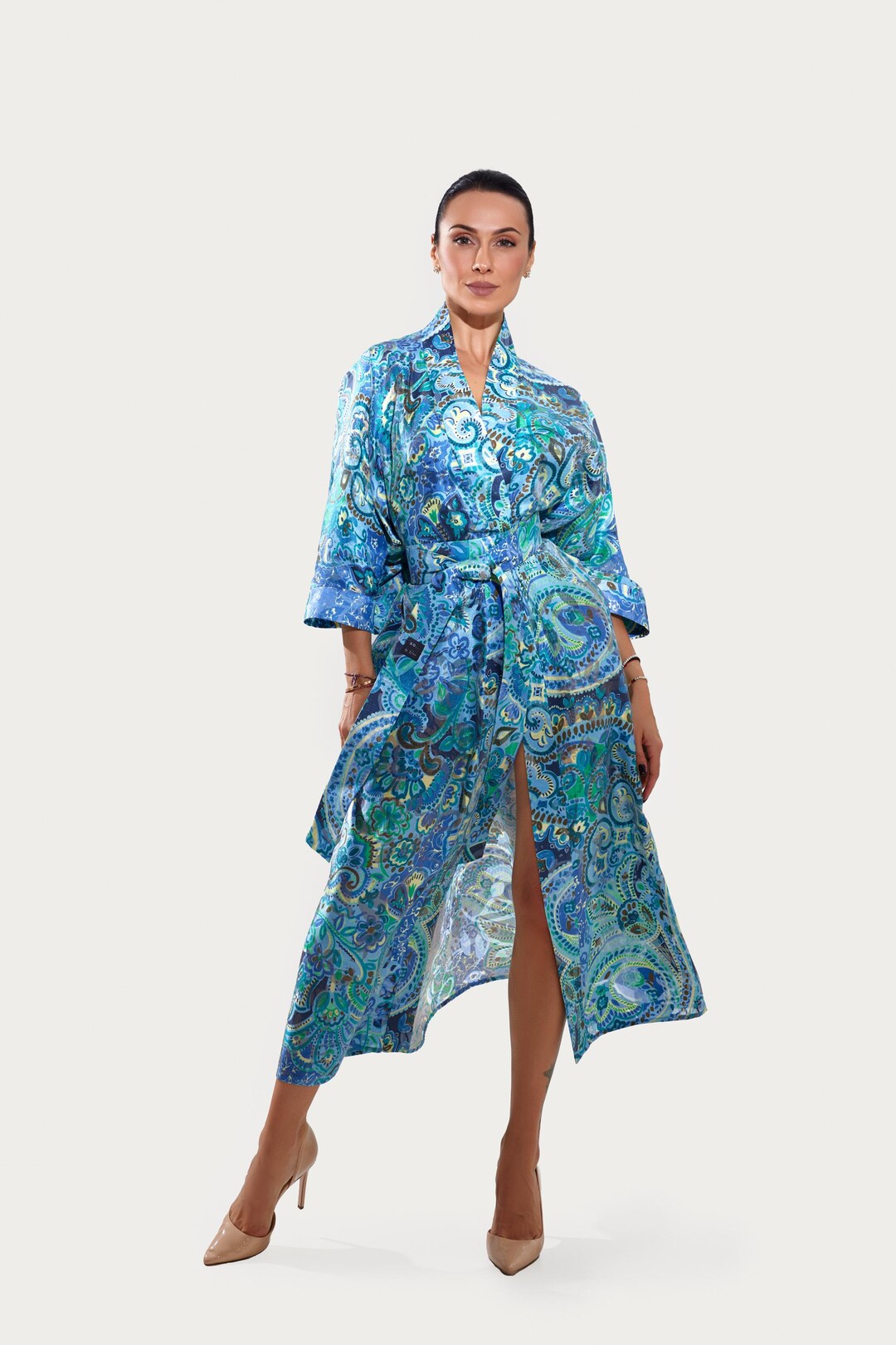 Luxury Dressing Gown, Loose Fit Womens Robe, Japanese Dress, Blue ...