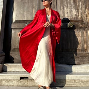 Kimono Night Dress, Long Satin Kimono Robe, Red Dressing Gown, Floor ...