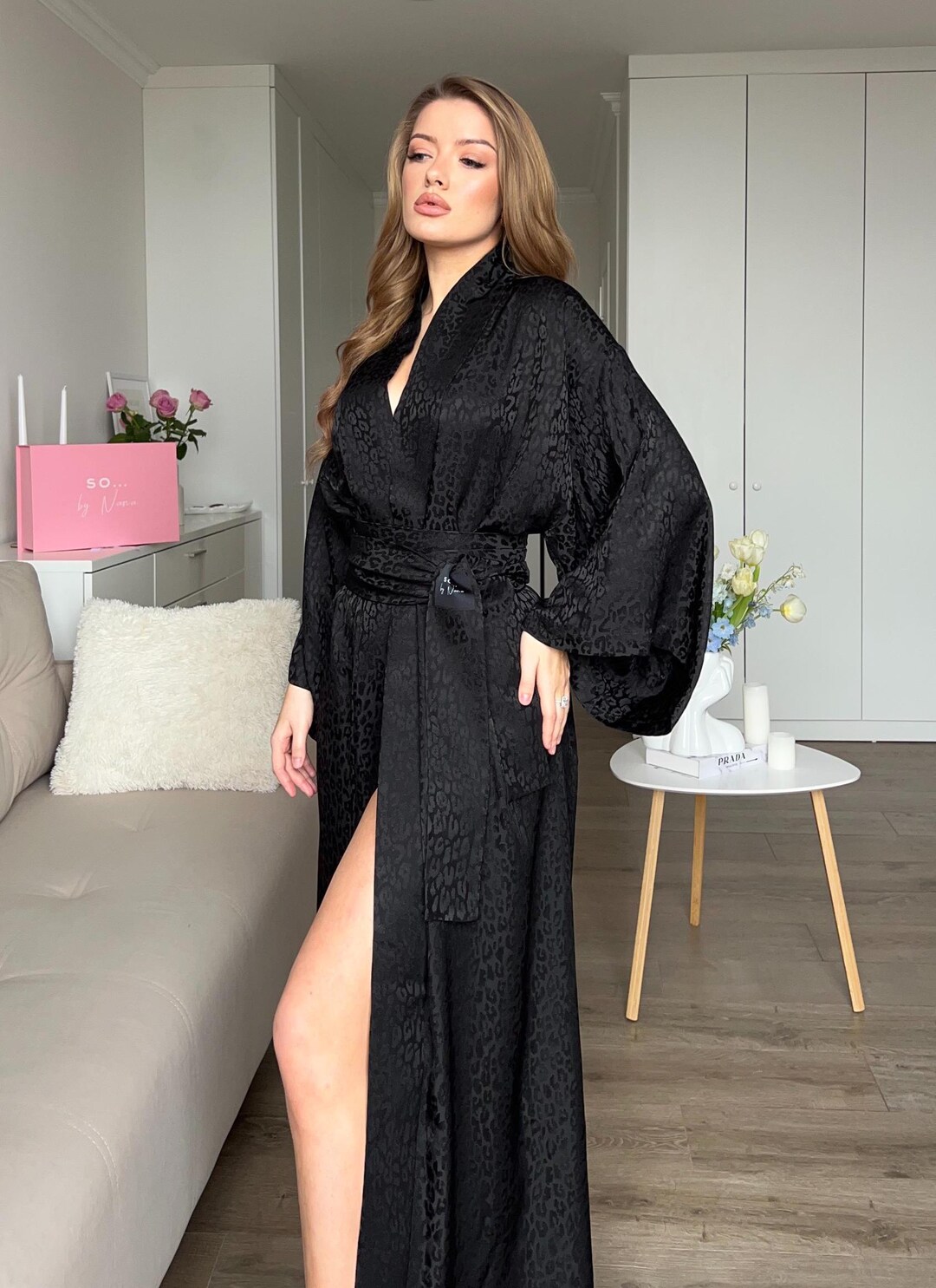 Long Satin Robe, Black Jacquard Kimono, Elegant Dressing Gown, Resort ...