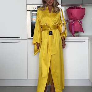 Yellow Satin Kimono Robe, Long Belted Lounge Dress, Stylish Loungewear ...