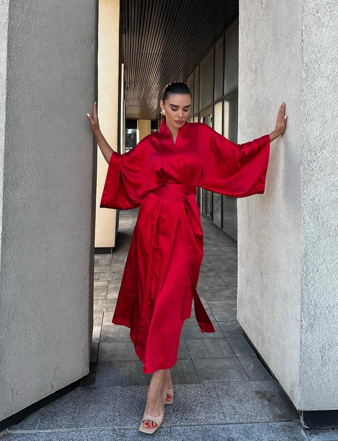 Red Satin Kimono Dress, Maxi Kimono Robe, Valentines Gift for Wife ...
