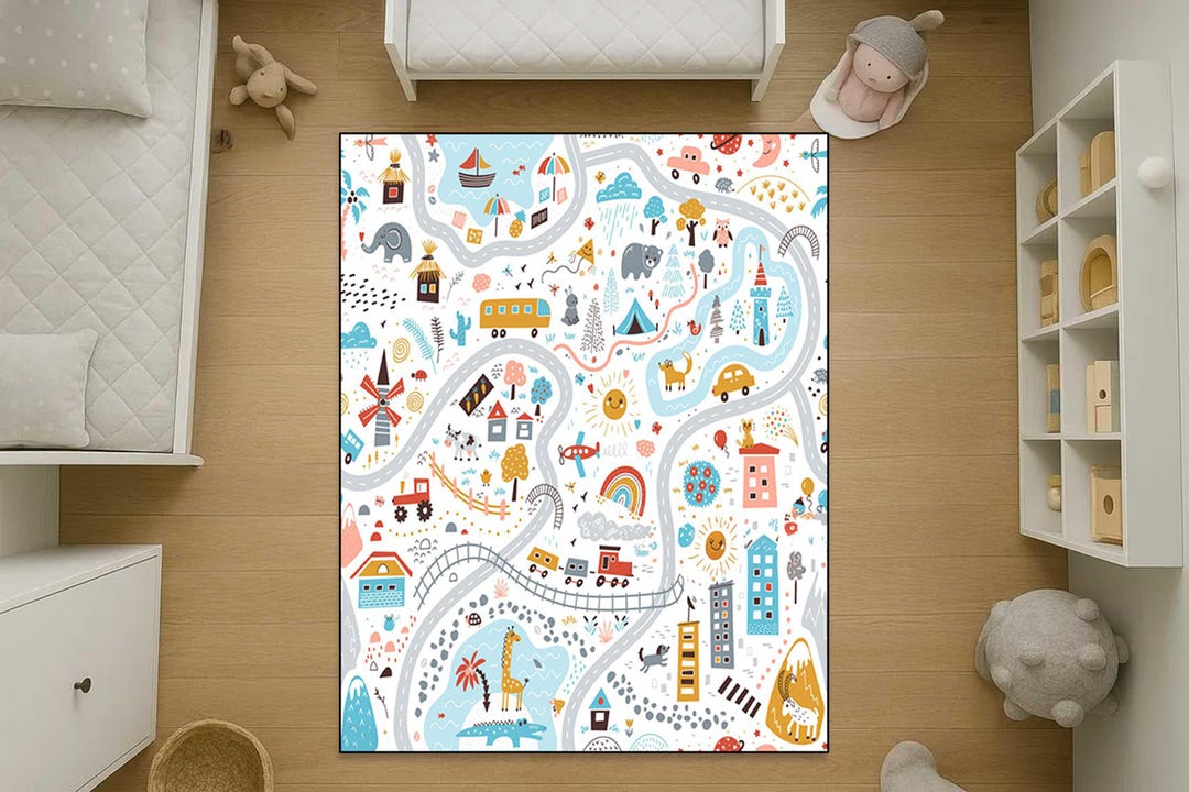 Kids Road Map Rug, City Playmat Carpet, Animal Traffic Nursery Rug ...
