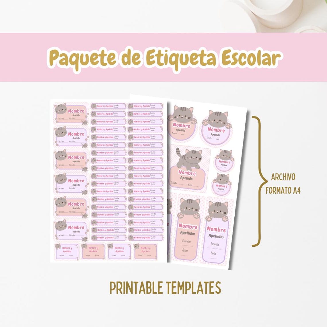 Cute Cat School Label Templates. Printable Templates for School ...