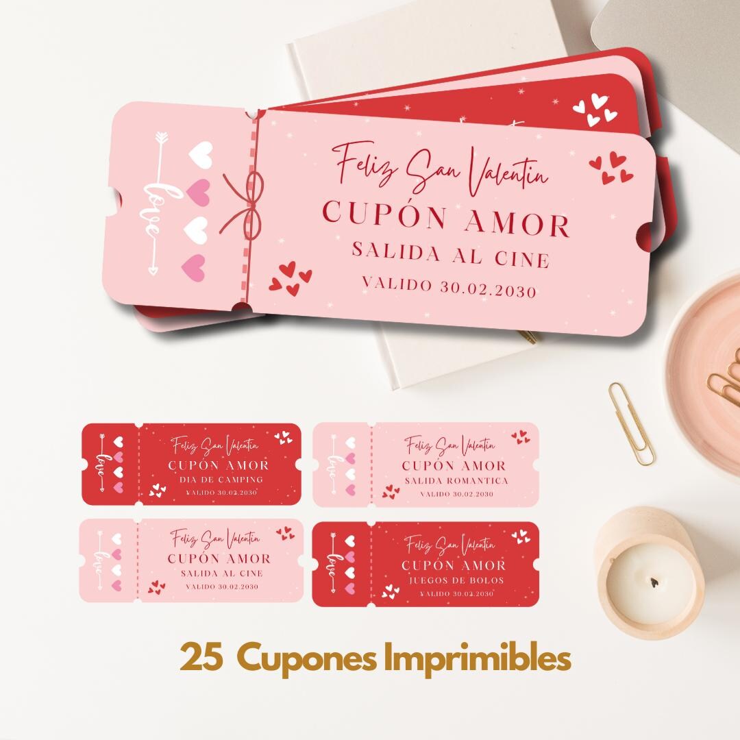 Cupones Amor 25 citas Dia de San Valentín-Cupón San Valentín Imprimible ...