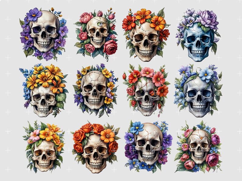 60 PNG Watercolor Floral Skull Clipart, Gothic Clipart, Fantasy Clip ...