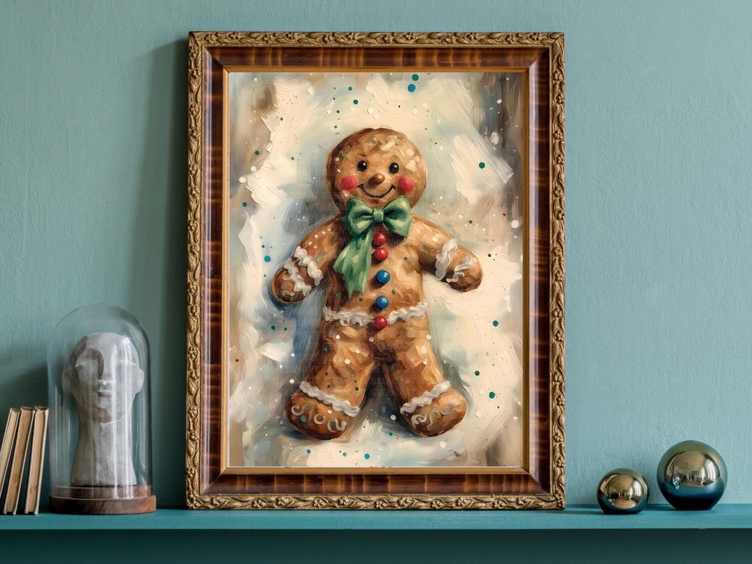 Vintage Christmas Gingerbread Man Wall Art, Christmas Oil Painting ...