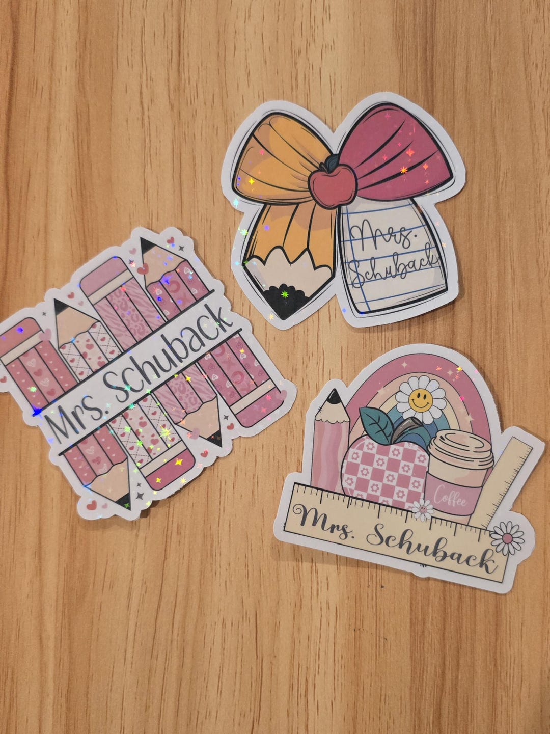 Personalized Teacher Stickers: Sparkle Laminated Rainbow Pencil Decals ...