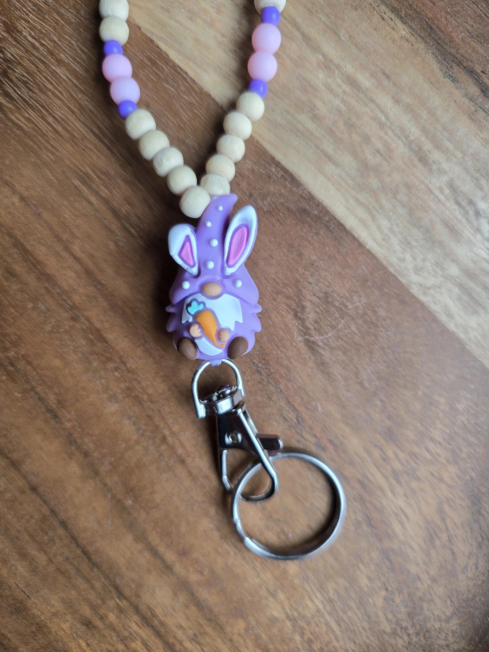 Pink Purple Easter Teacher Lanyard, Gnome Bunny Beaded Work Lanyard ...