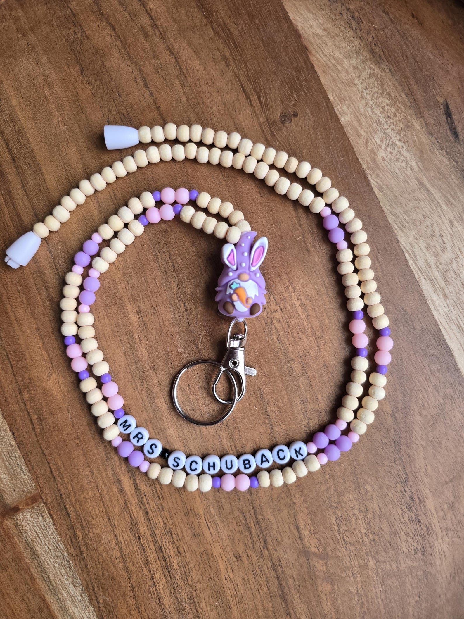 Pink Purple Easter Teacher Lanyard, Gnome Bunny Beaded Work Lanyard ...