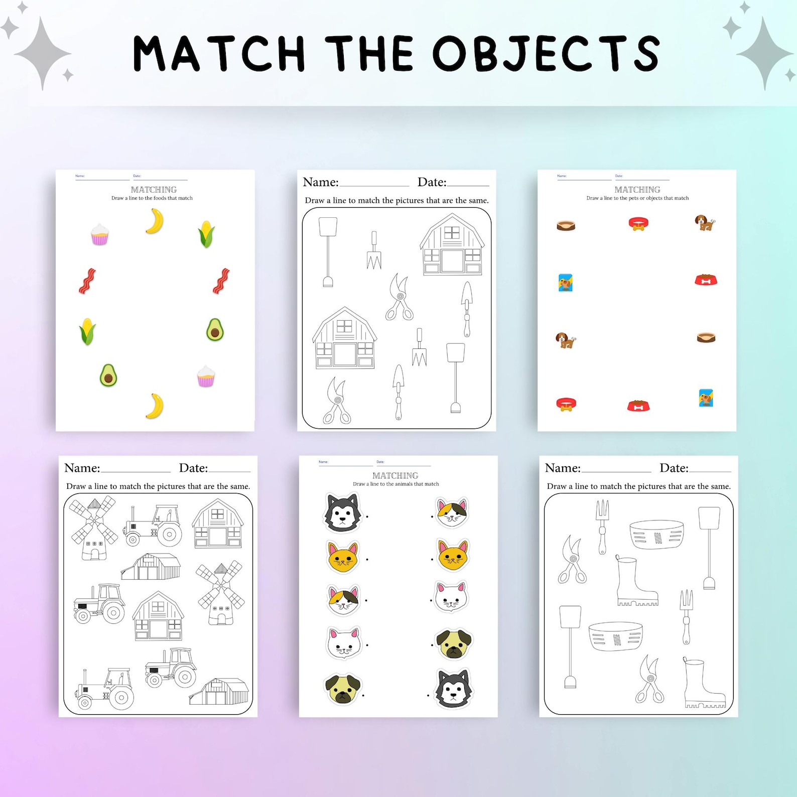 250 Printable Matching Worksheets, Match the Picture, Kindergarten ...