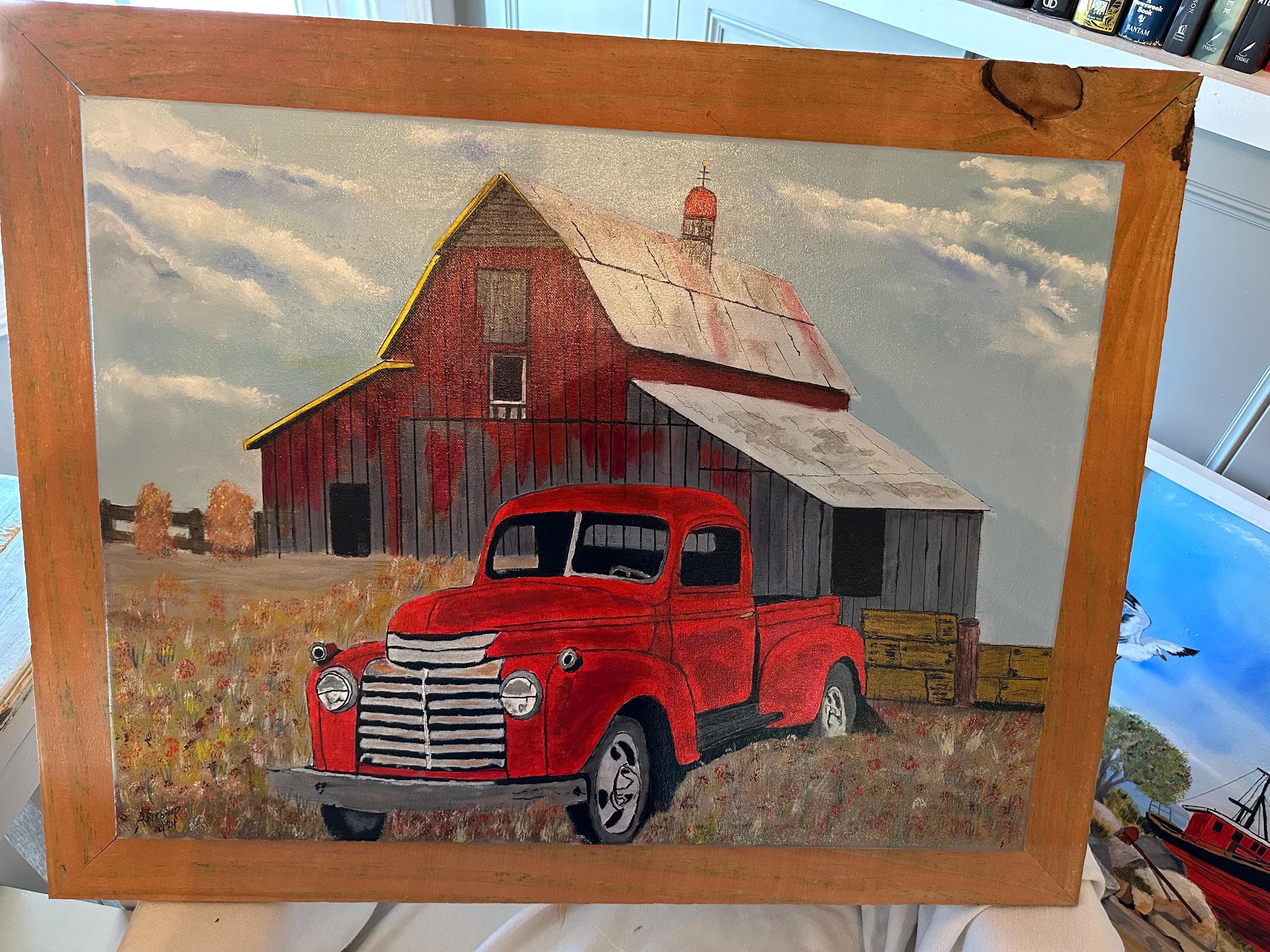 Original Oil Painting of Red Barn Truck - Etsy