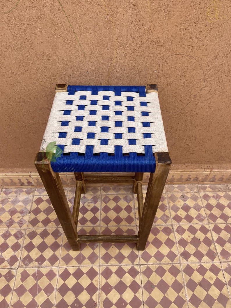 Handmade Moroccan Wood Bar Stool: Woven Rope Seat, Kitchen Counter ...