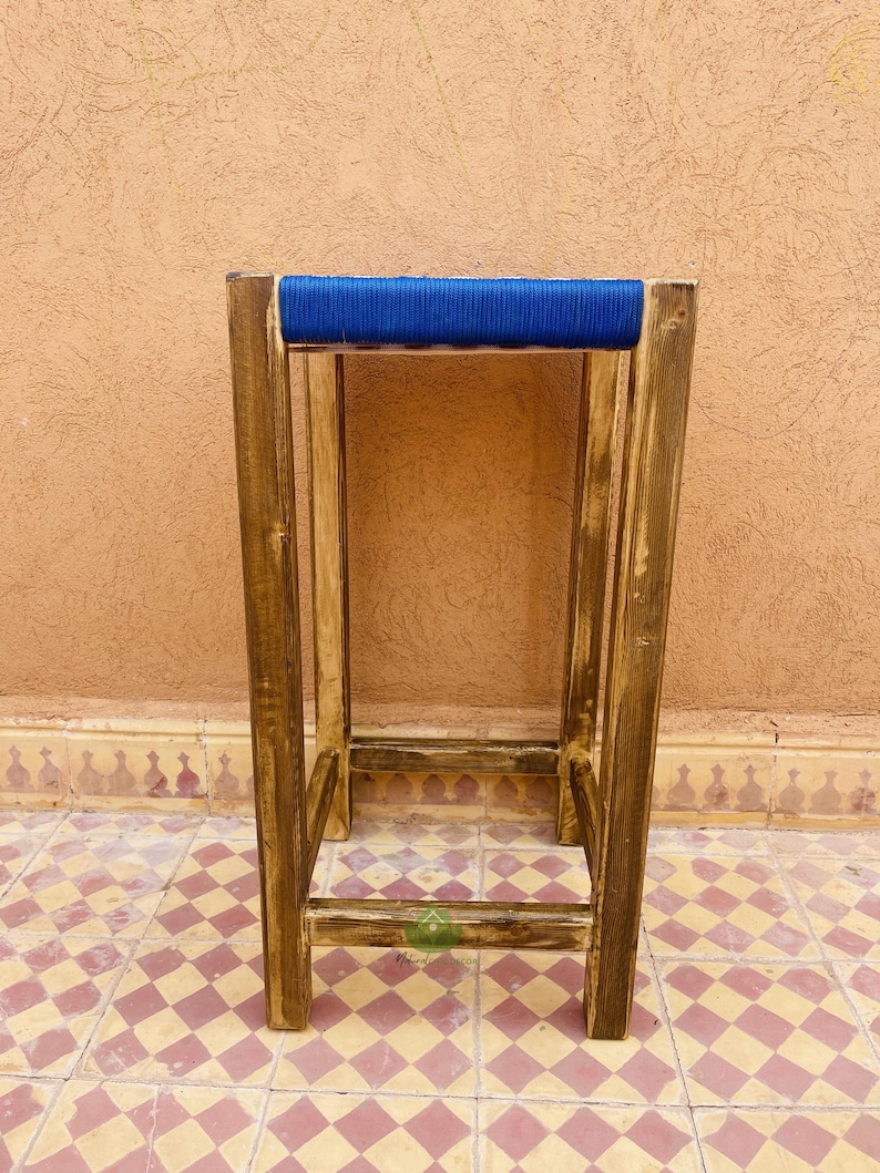 Handmade Moroccan Wood Bar Stool: Woven Rope Seat, Kitchen Counter ...
