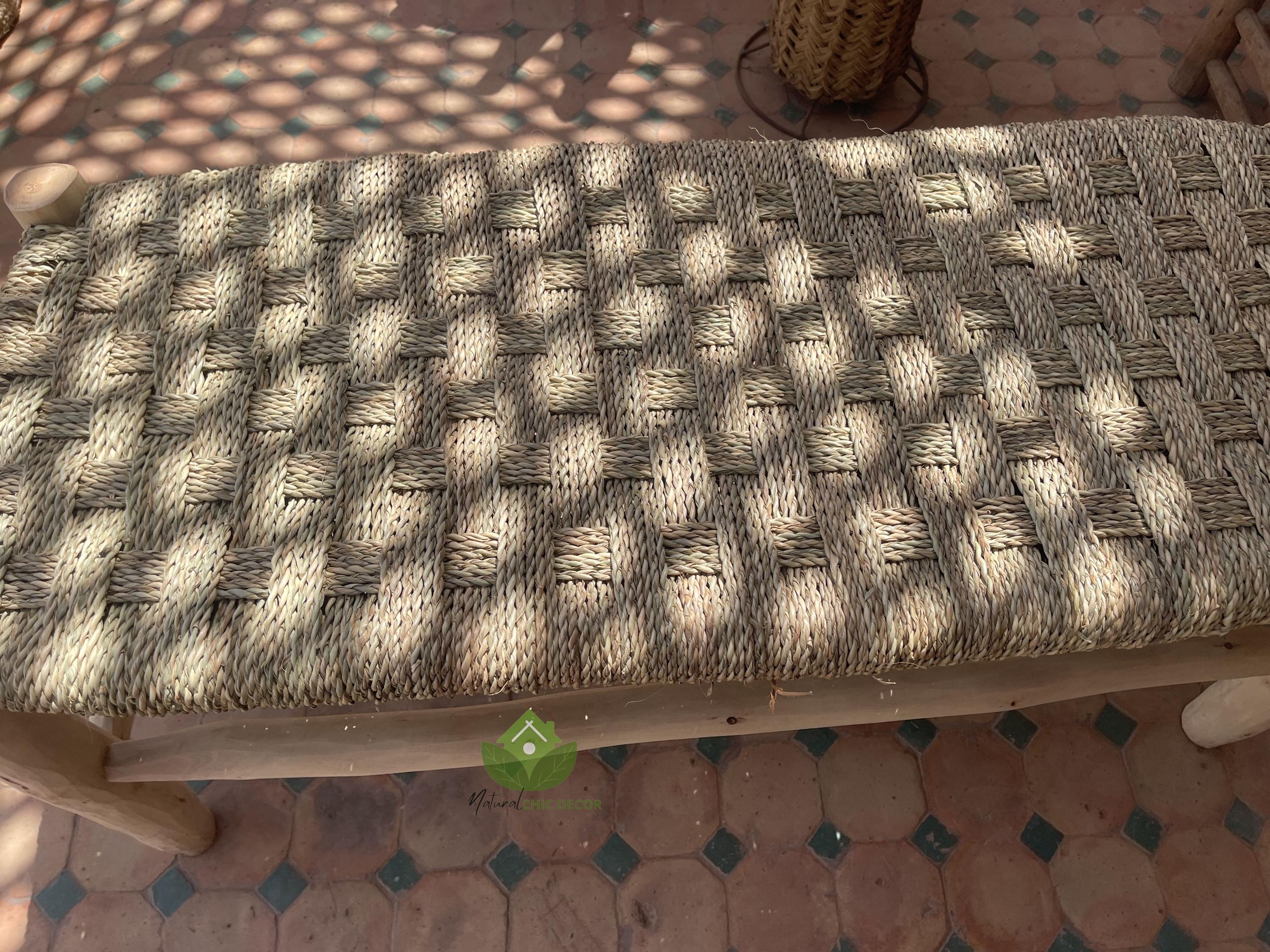 Moroccan Bench With Palm Leaf Cord, Bench in Solid Wood and Natural ...