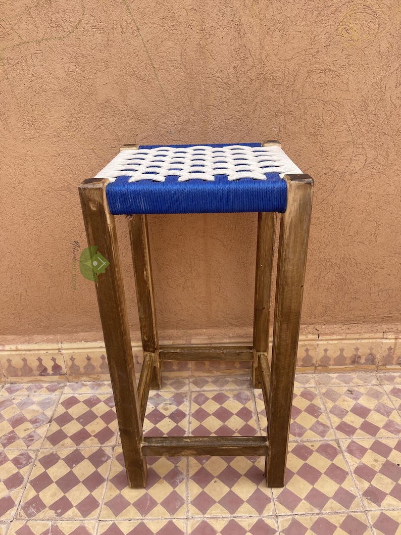Handmade Moroccan Wood Bar Stool: Woven Rope Seat, Kitchen Counter ...