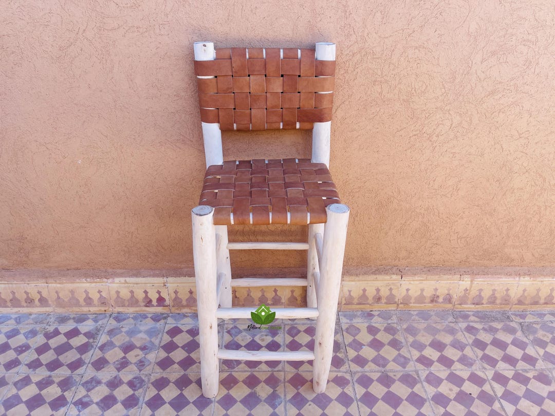 Handmade Moroccan Bar Stool With Backrest: Wood & Leather Counter Stool ...