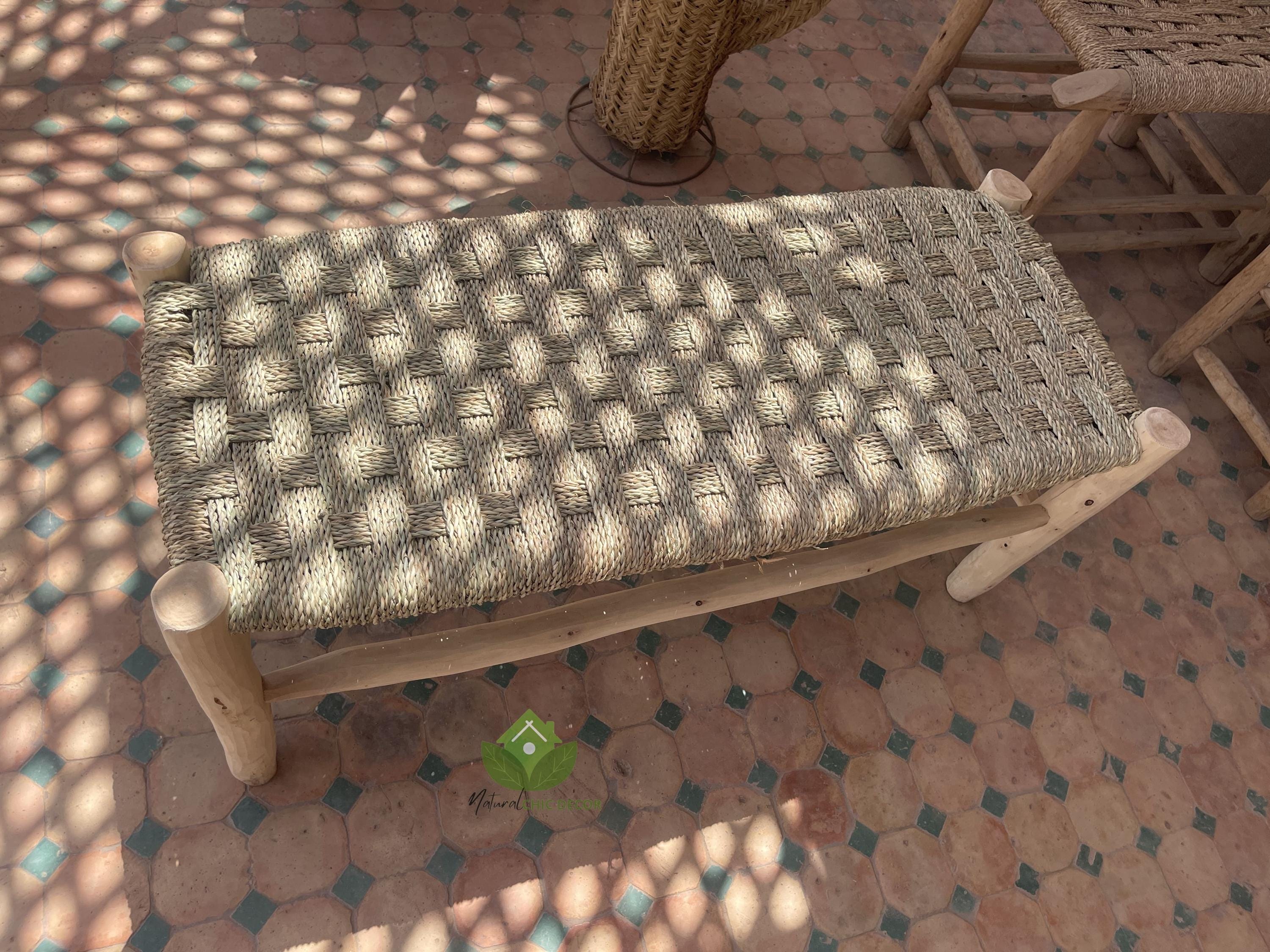 Moroccan Bench With Palm Leaf Cord, Bench in Solid Wood and Natural ...