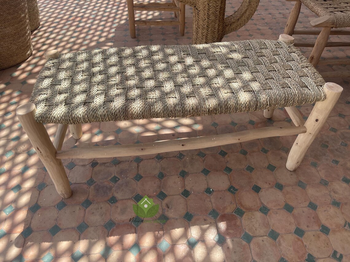 Moroccan Bench With Palm Leaf Cord, Bench in Solid Wood and Natural ...