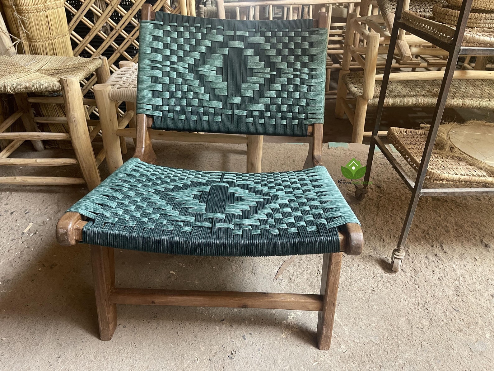 Handcrafted Lounge Chair in Walnut Wood and Natural Rope, Moroccan ...