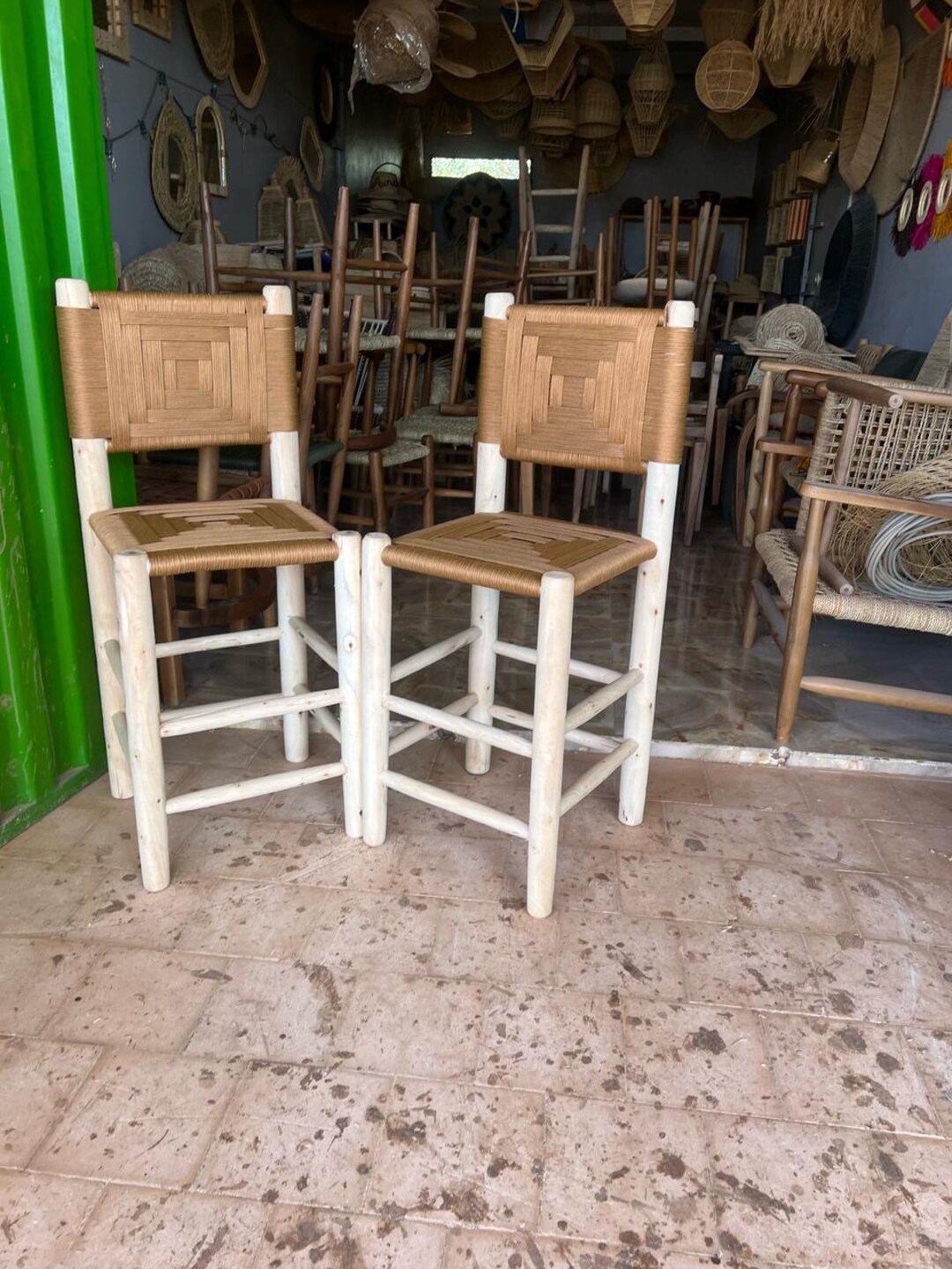 Handmade Moroccan Laurel Wood Bar Stool With Woven Rope Backrest - Etsy