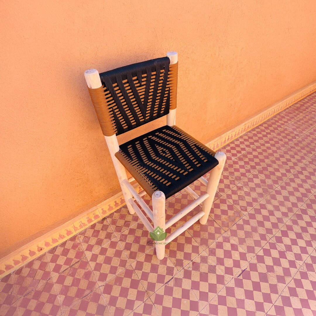 Handmade Moroccan Laurel Wood Bar Stool With Backrest - Counter Height ...
