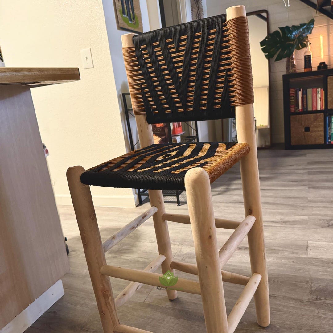Handmade Moroccan Bar Stool With Backrest: Laurel Wood & Woven Rope - Etsy