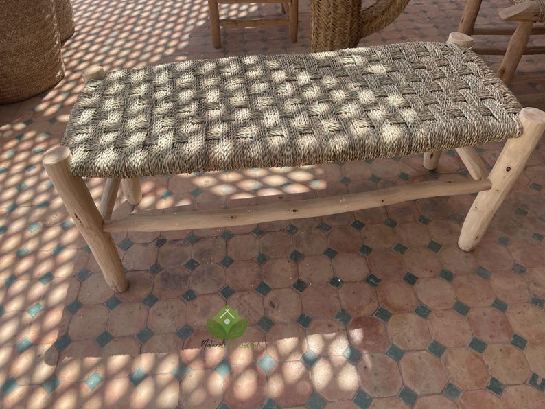 Moroccan Bench With Palm Leaf Cord, Bench in Solid Wood and Natural ...