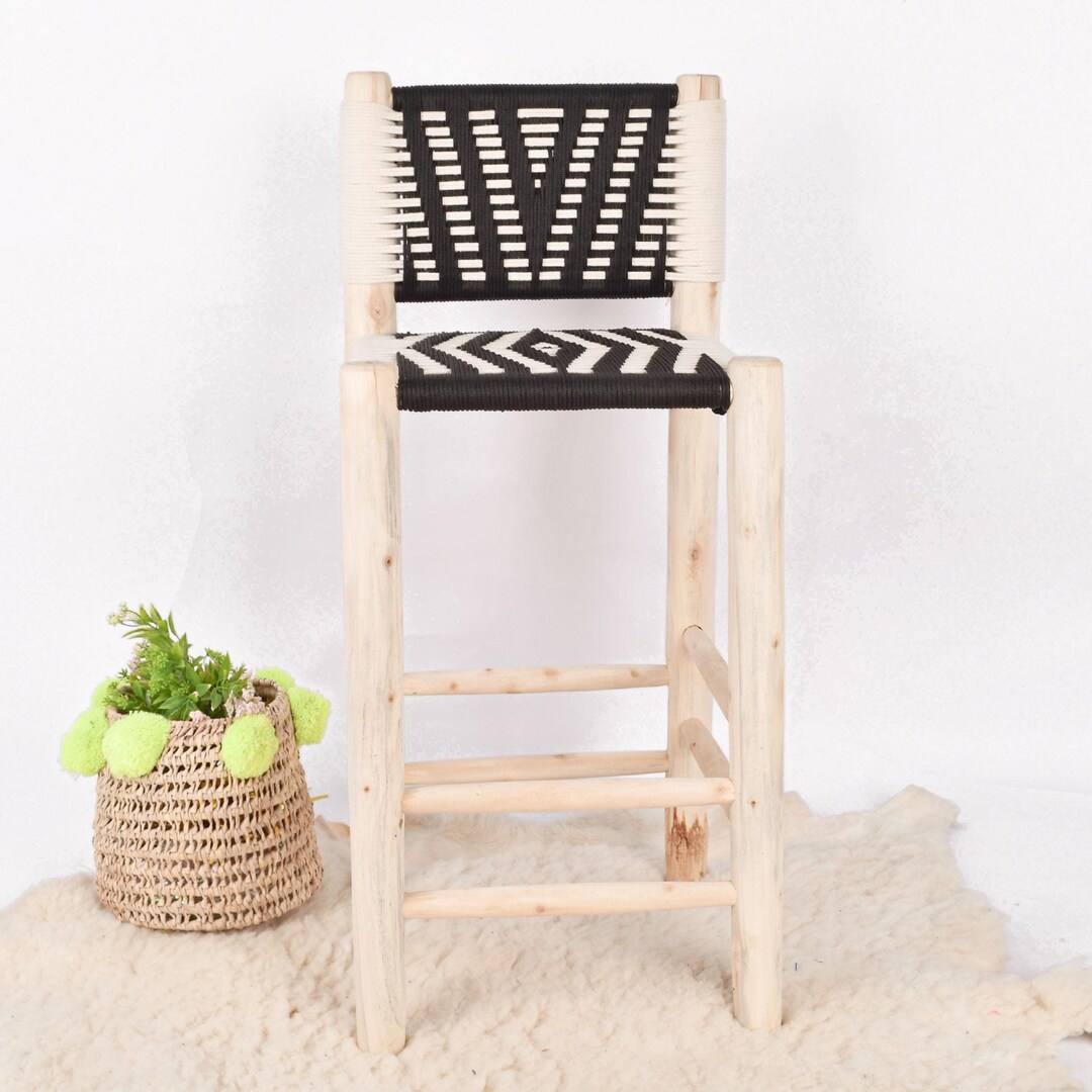 Handmade Moroccan Bar Stool With Backrest: Rustic Laurel Wood Counter ...