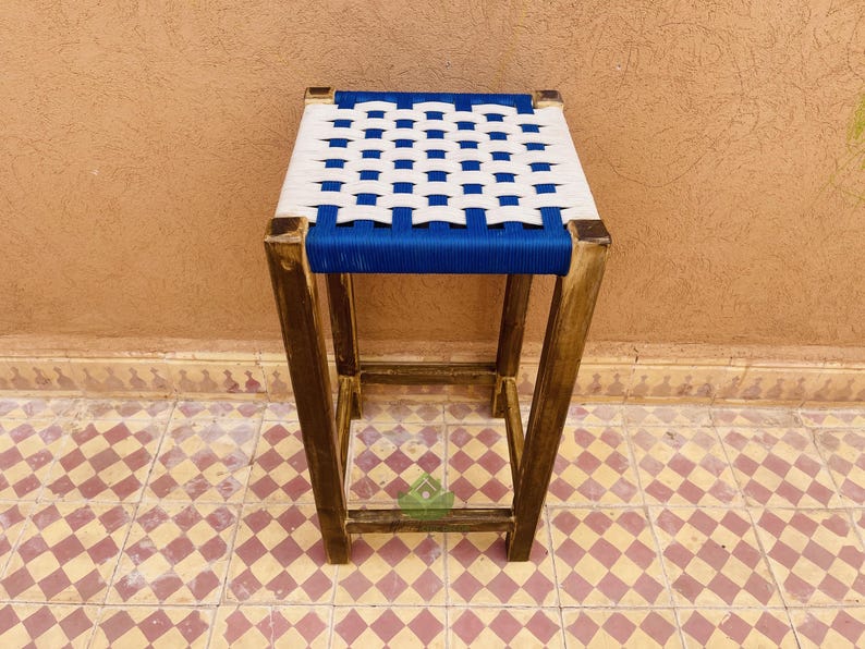 Handmade Moroccan Wood Bar Stool: Woven Rope Seat, Kitchen Counter ...