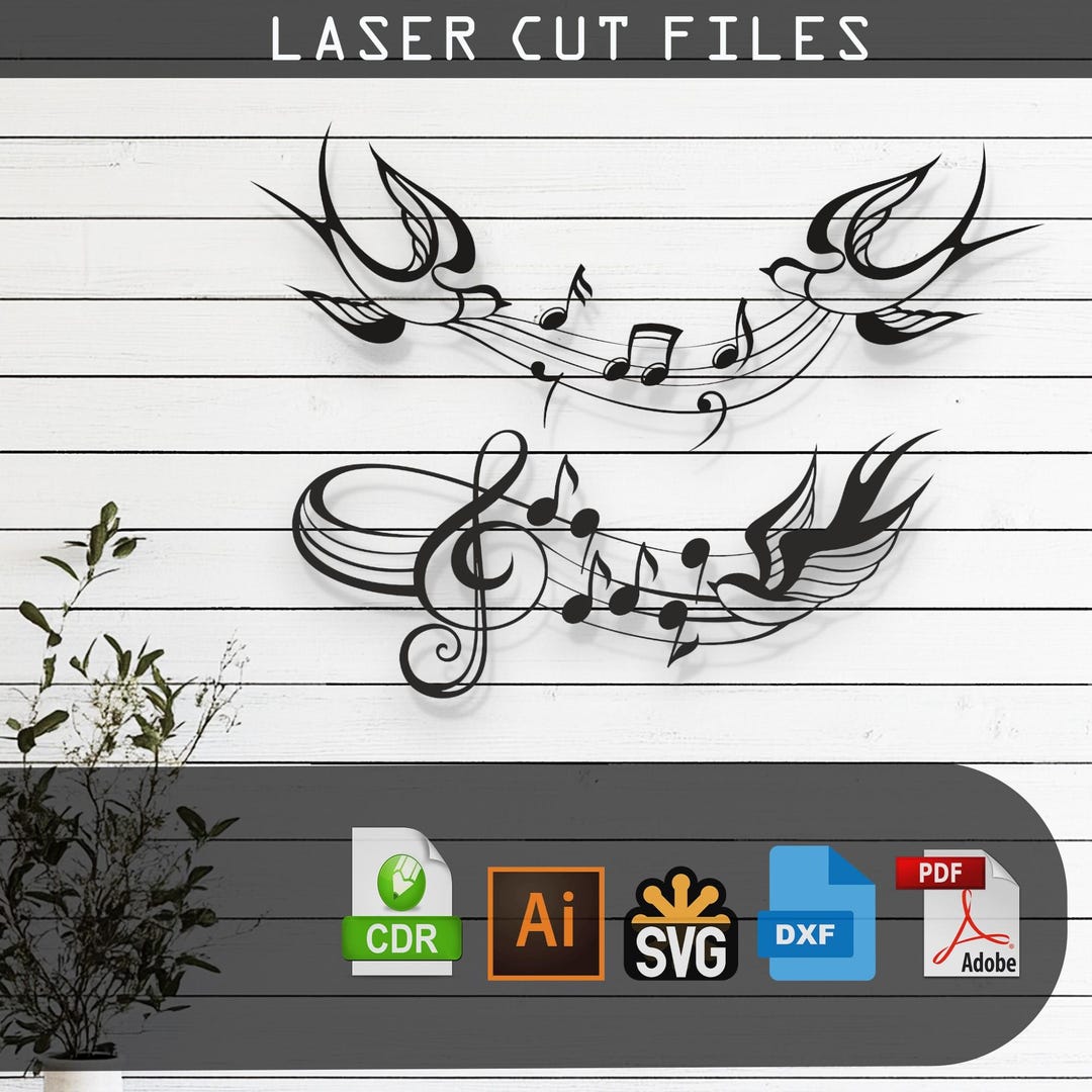 Decorative Music Notes and Birds Laser Cut Design –SVG, DXF, Ai, Pdf ...