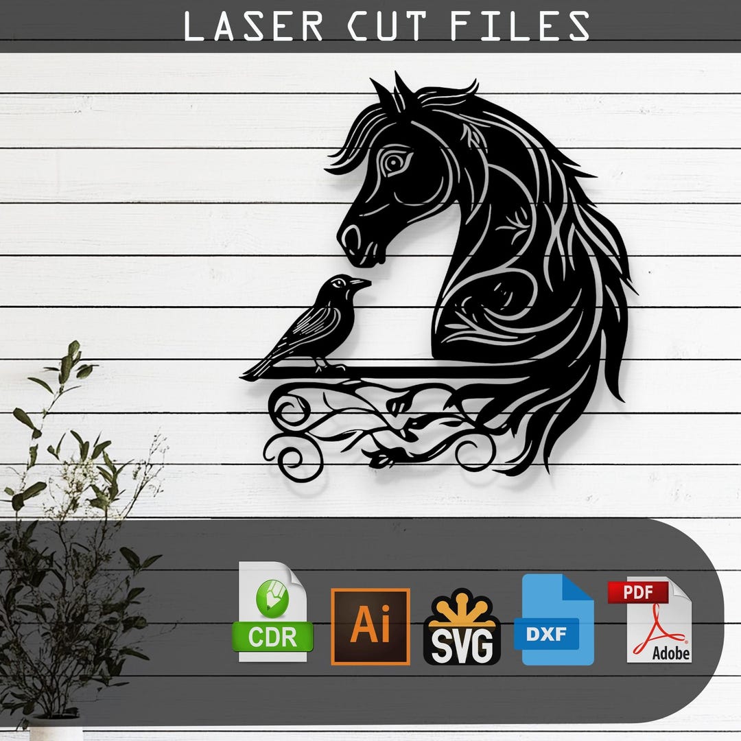 Decorative Horse and Crow Laser Cut Vector Design - SVG DXF Ai Pdf ...