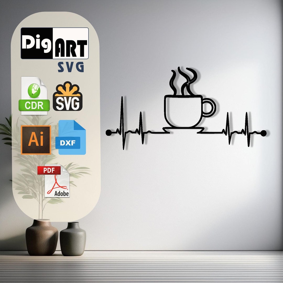 Decorative Coffee and Ekg Rhythm Laser Cut, Vector Files –SVG, DXF, Ai ...