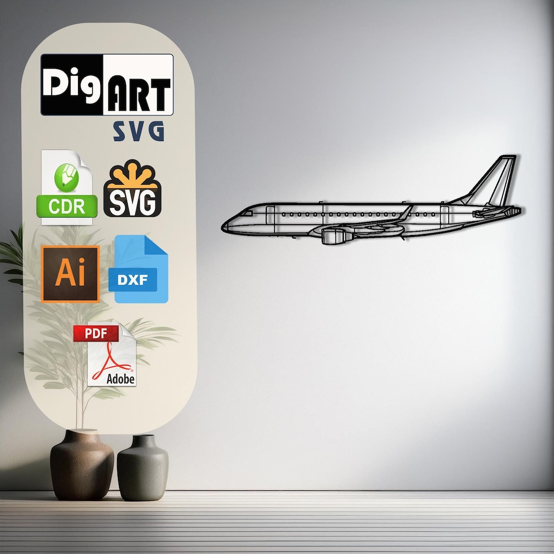 Embraer E175 Airplane Silhouette Laser Cut Vector Design SVG, DXF, Pdf ...