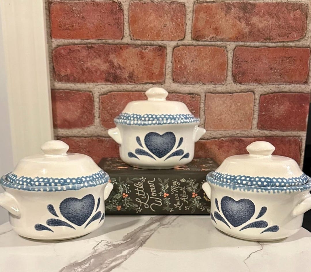 Vintage Corelle Stoneware Blue Heart Covered Mini Crock Set of 3 ...
