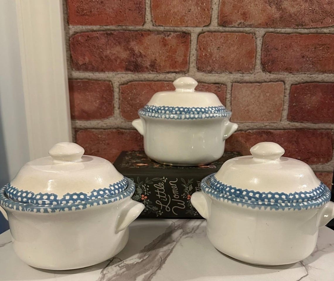 Vintage Corelle Stoneware Blue Heart Design Covered Soup Crock, Set of ...