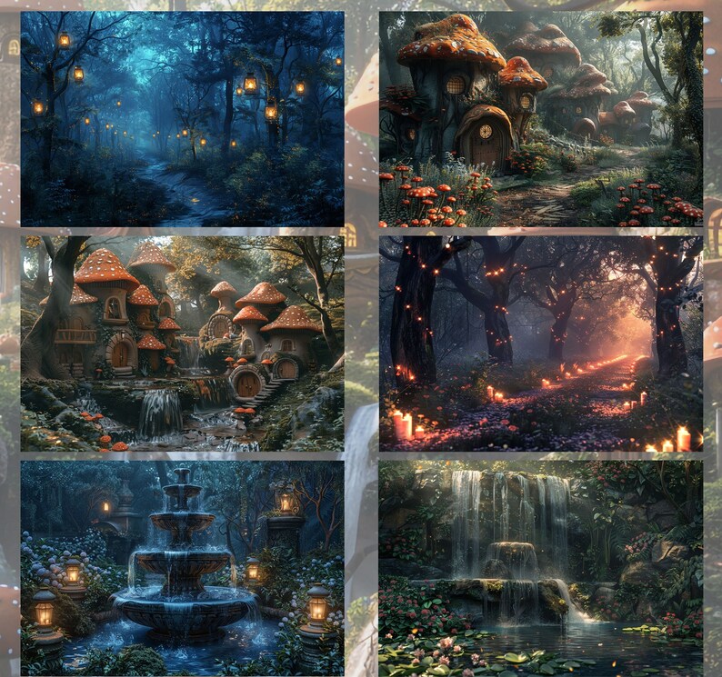 50 Enchanted Forest Digital Background, Mushroom Houses Digital ...