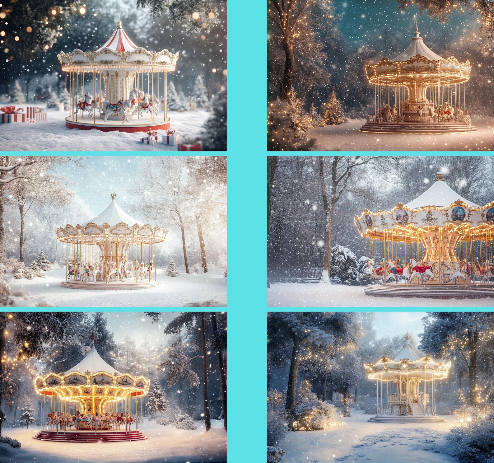 38 White Carousel Digital Backdrop, Snowy Carousel Background ...