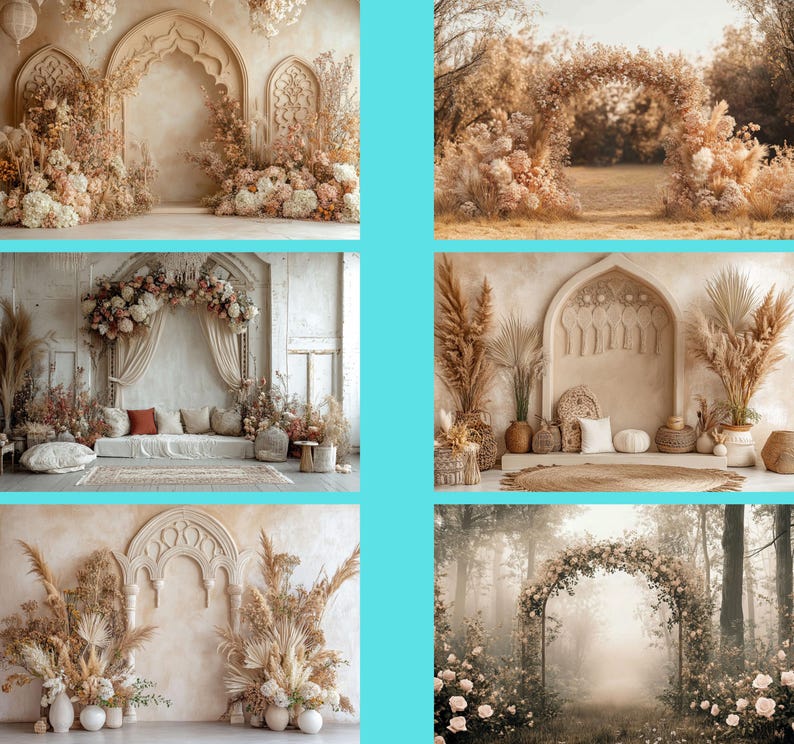 105 Beige Boho Arches Digital Backrops, Floral Arches Wall Photography ...