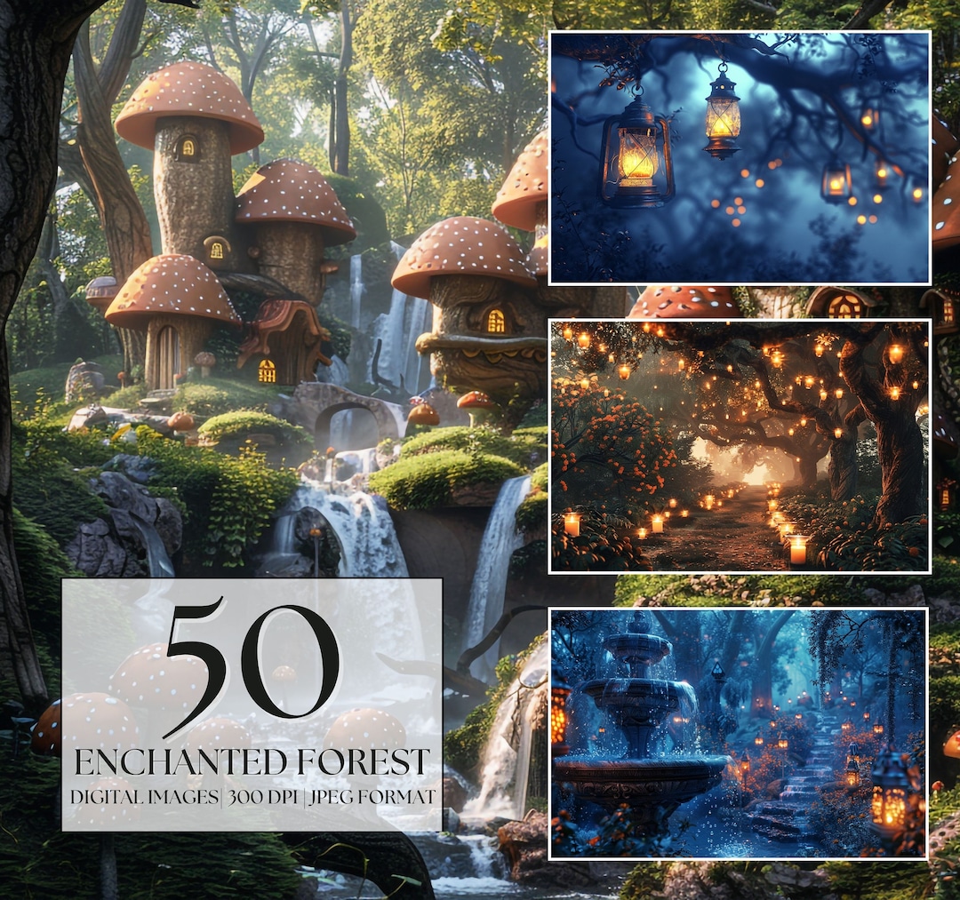 50 Enchanted Forest Digital Background, Mushroom Houses Digital ...